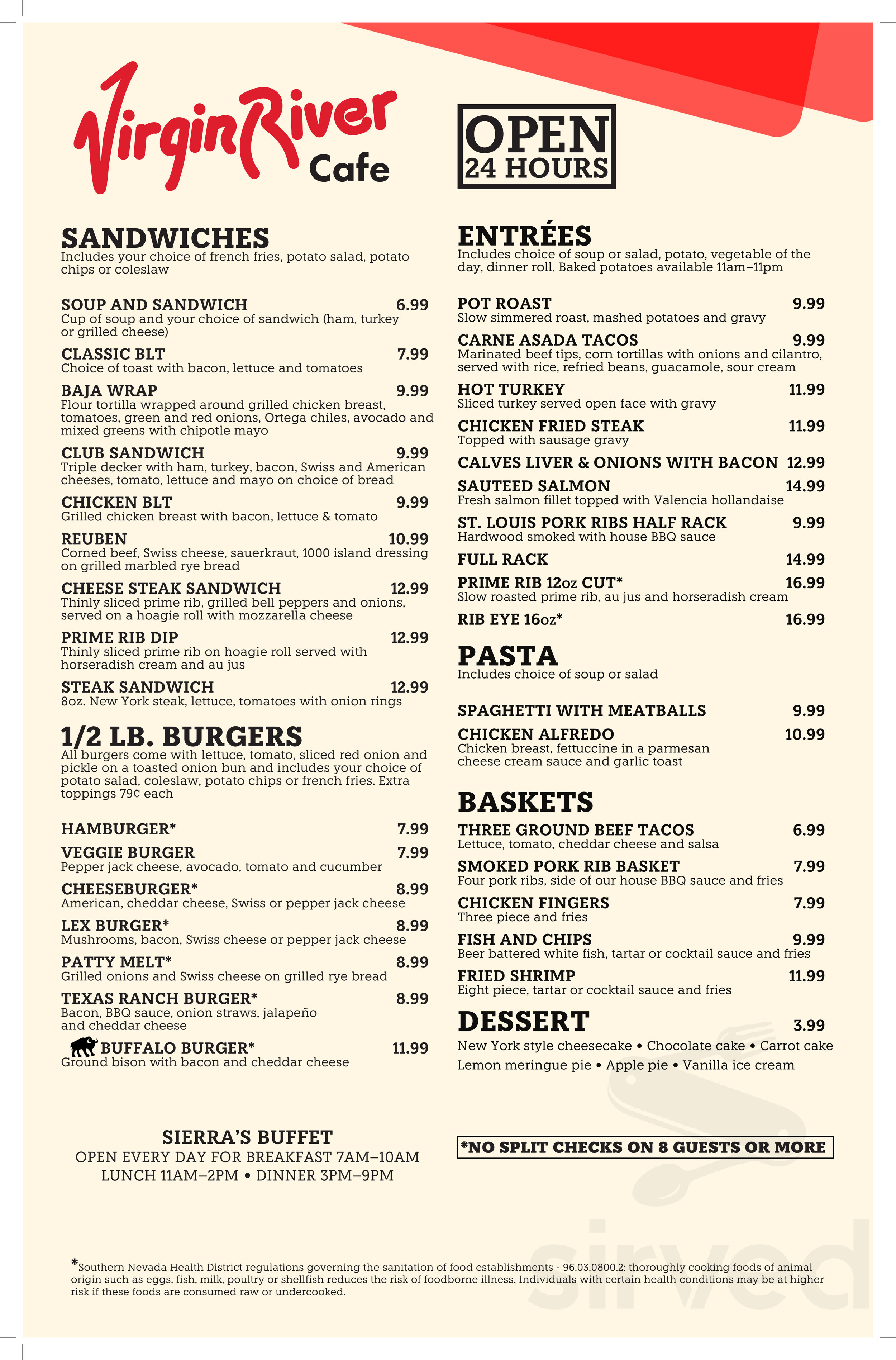 Virgin River Cafe menus in Mesquite, Nevada, United States