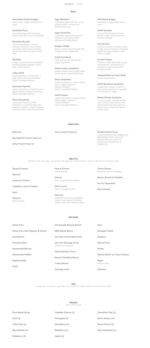 Augusta House of Pancakes menu in Augusta, Maine, USA