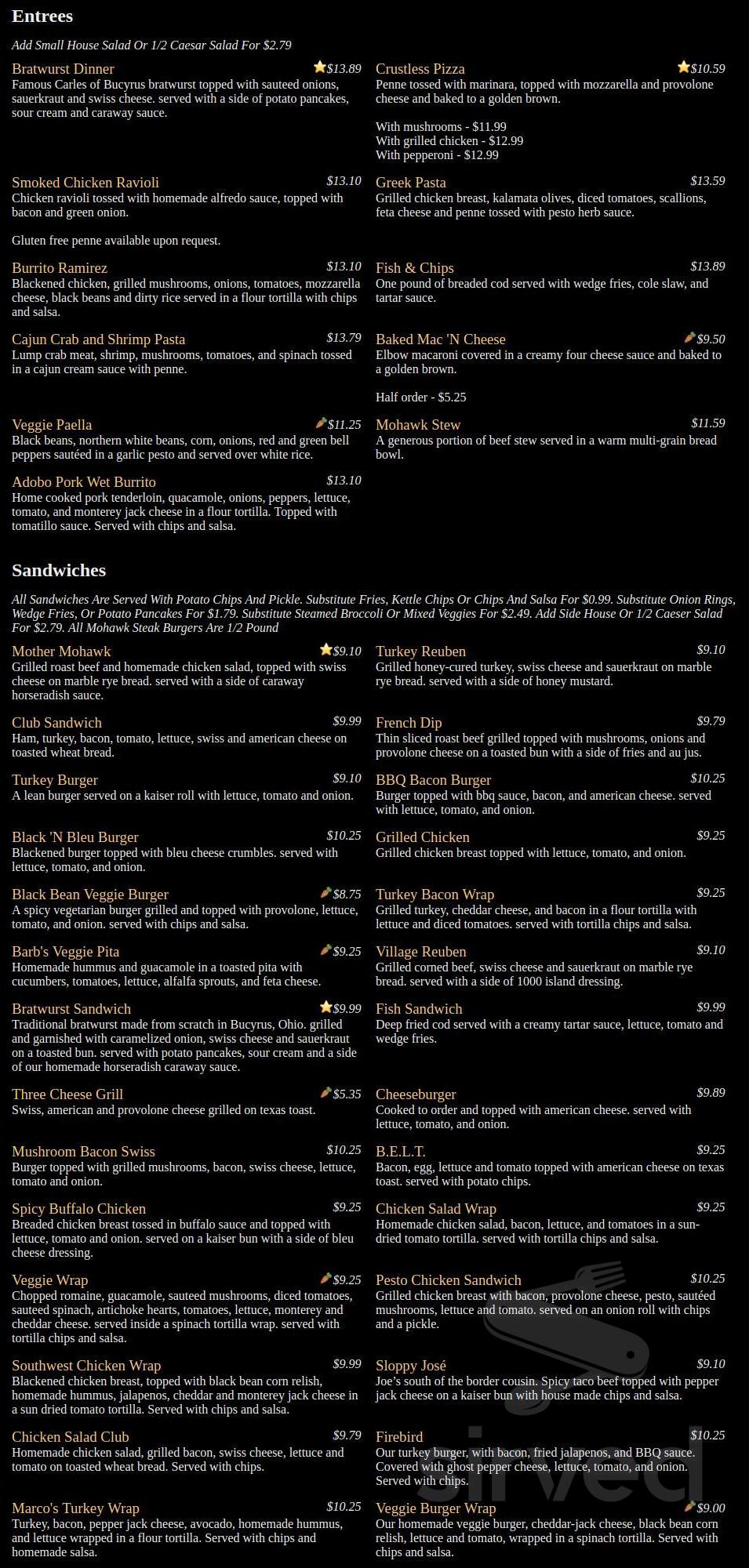 The Old Mohawk menu in Columbus, Ohio, USA
