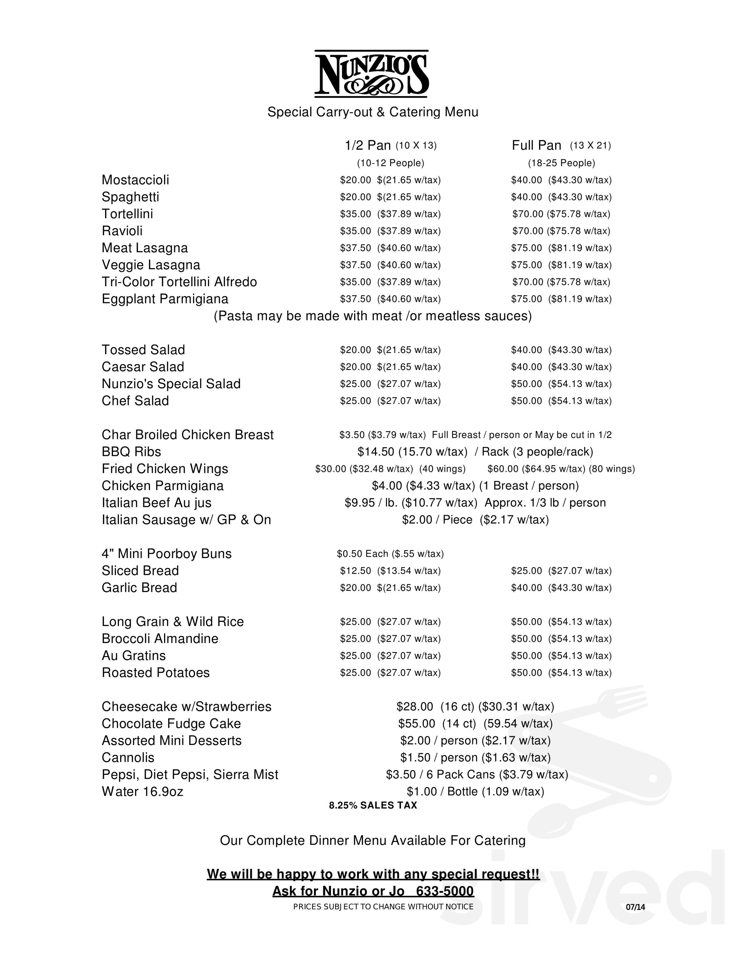 Nunzio's Restaurant menu in Loves Park, Illinois, USA