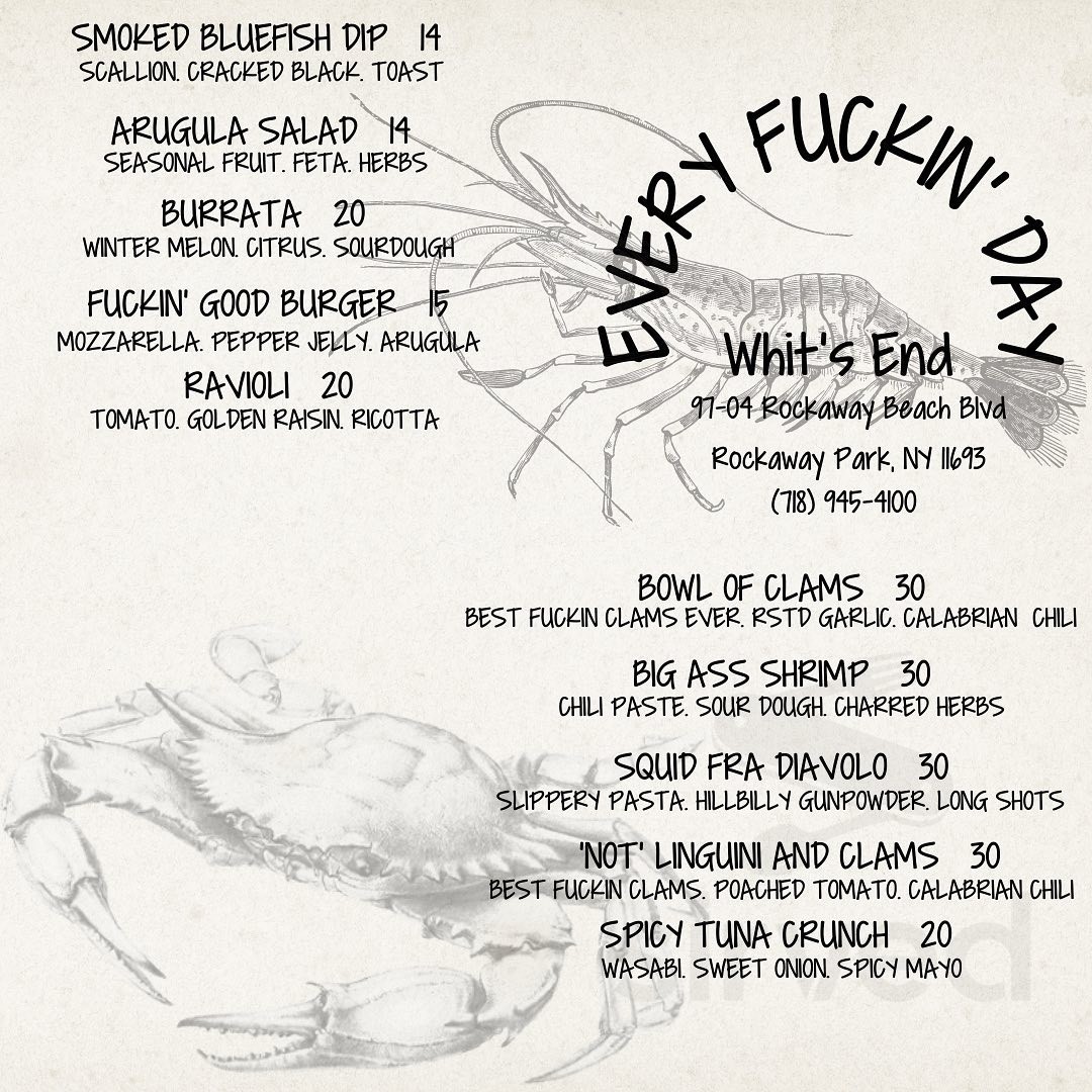 Menu - Queens NY's Whit's End | Sirved