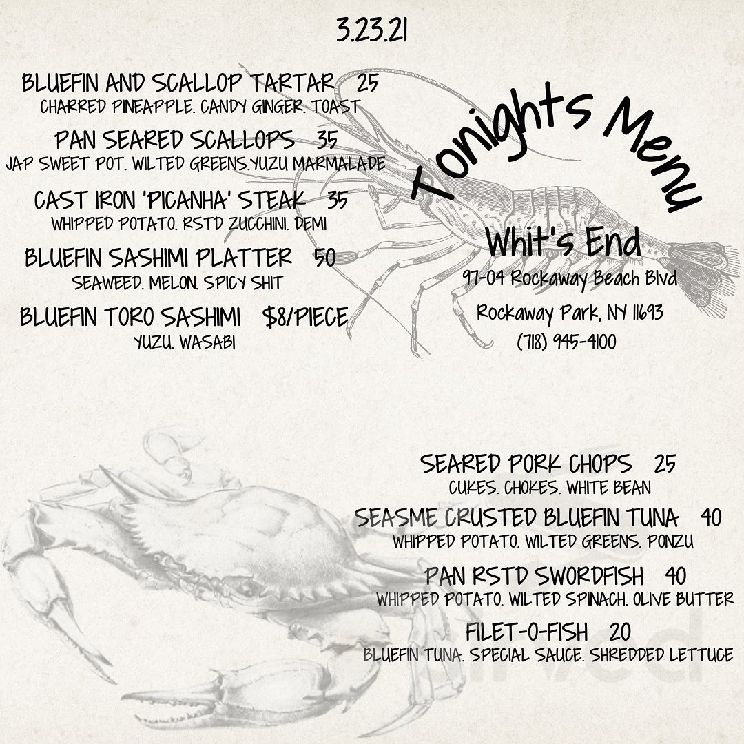 Menu - Queens NY's Whit's End | Sirved