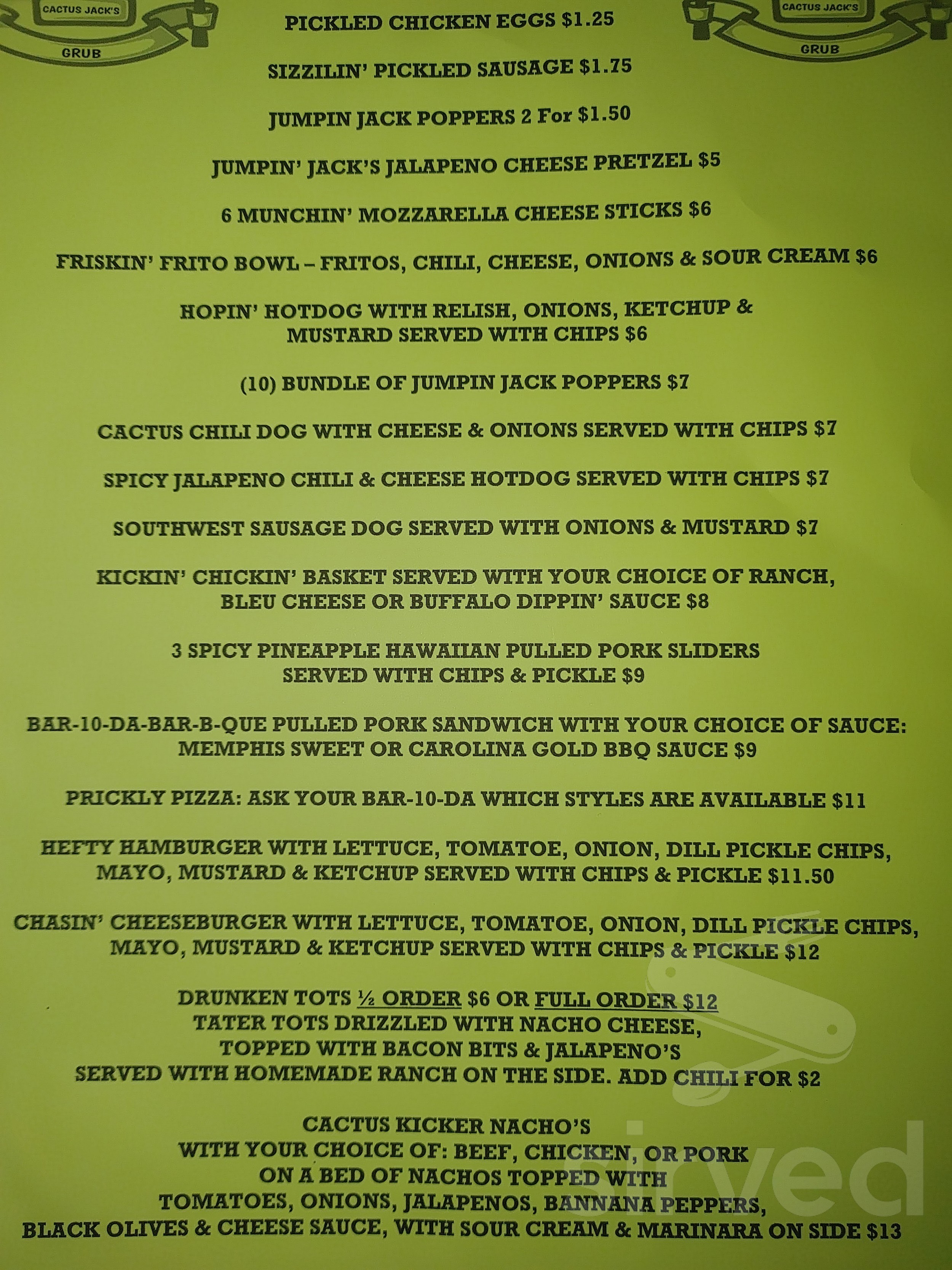 Cactus Jacks menu in Salt Springs, Florida, USA