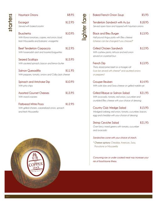 The Copper Dock menu in Hubertus, Wisconsin, USA