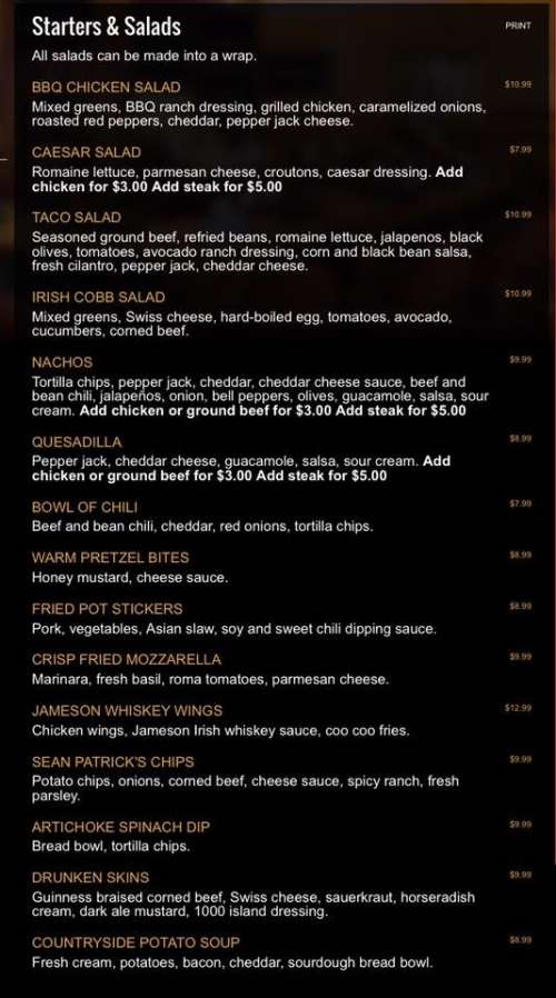 Sean Patrick's menu in Las Vegas, Nevada, USA