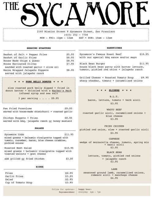 The Sycamore menu in San Francisco, California, USA