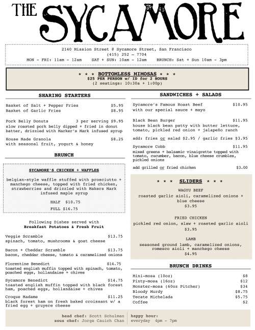 The Sycamore menu in San Francisco, California, USA