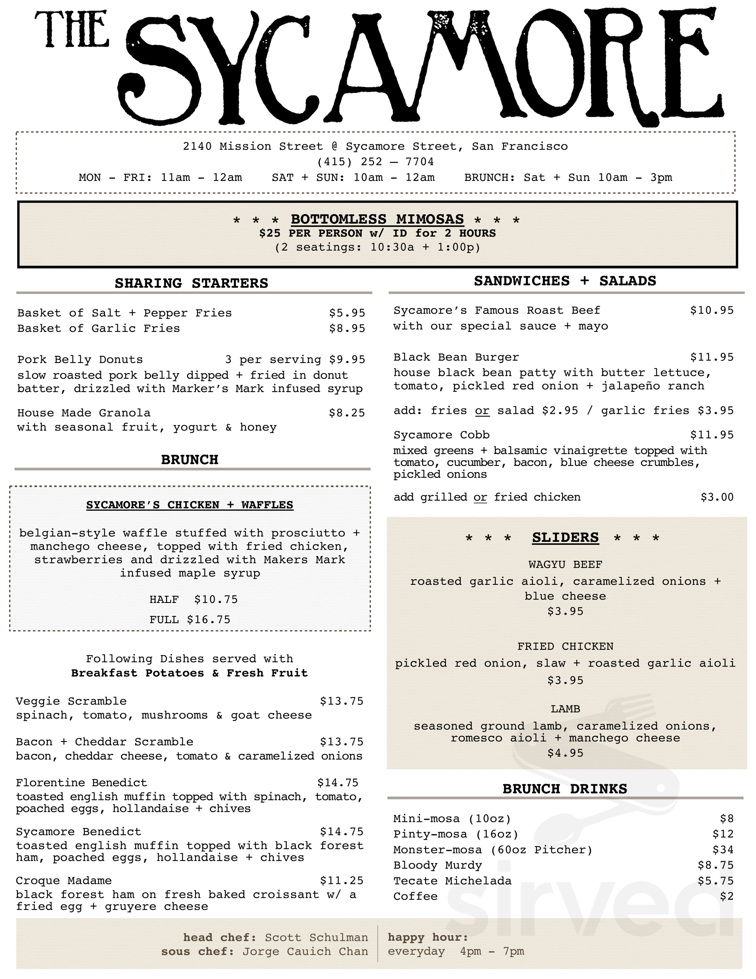 The Sycamore menu in San Francisco, California, USA