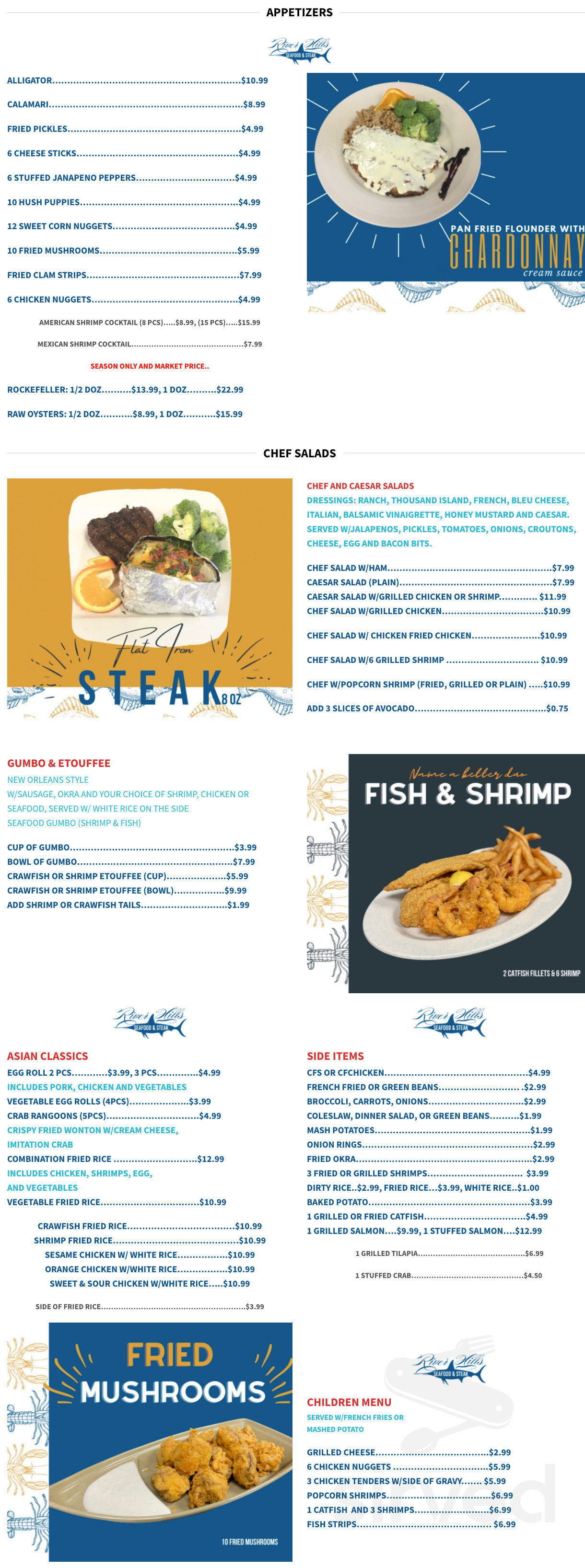 River Hills Seafood @ Steak menu in Sealy, Texas, USA
