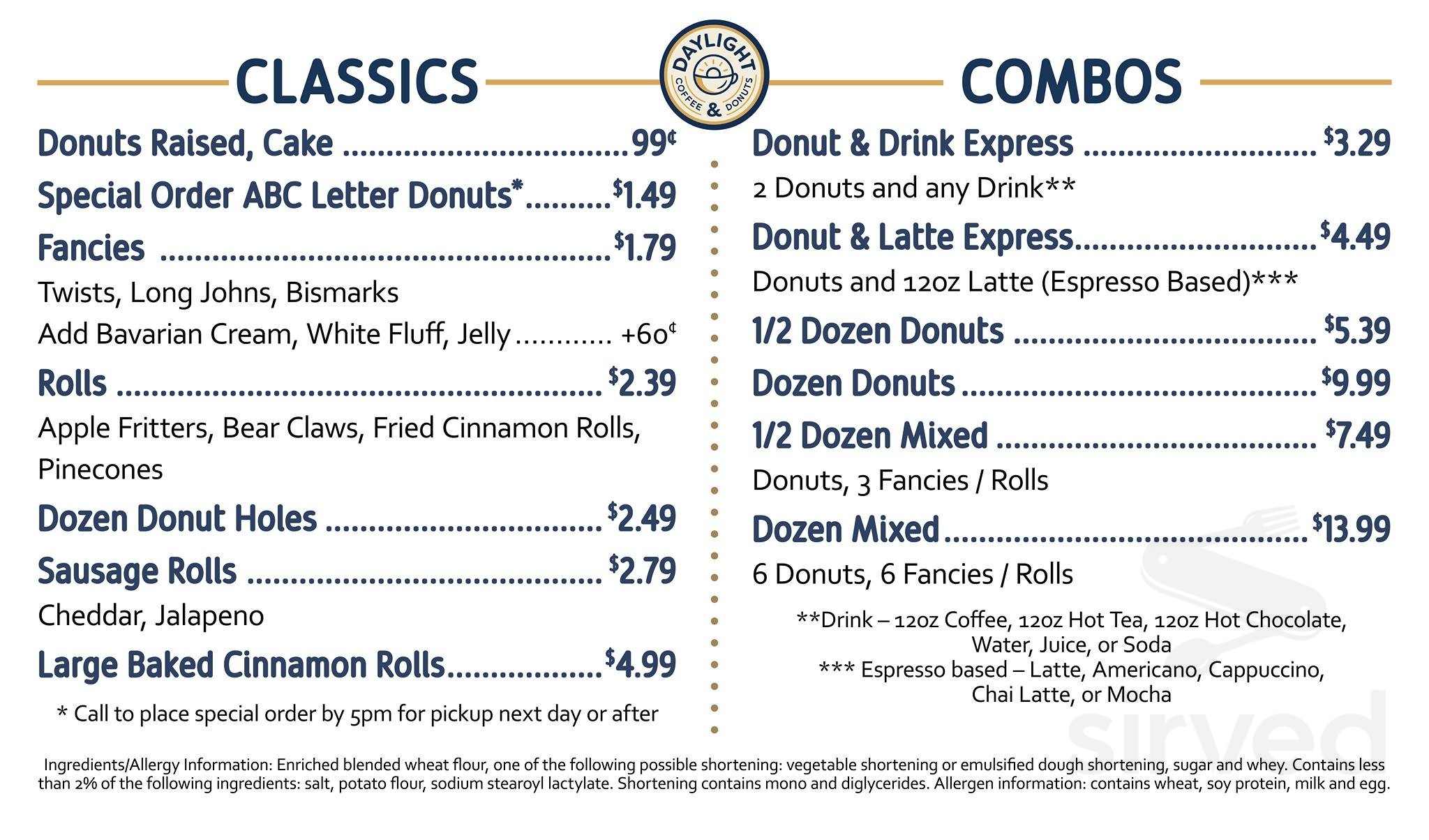Daylight Coffee & Donuts menu in Basehor, Kansas, USA