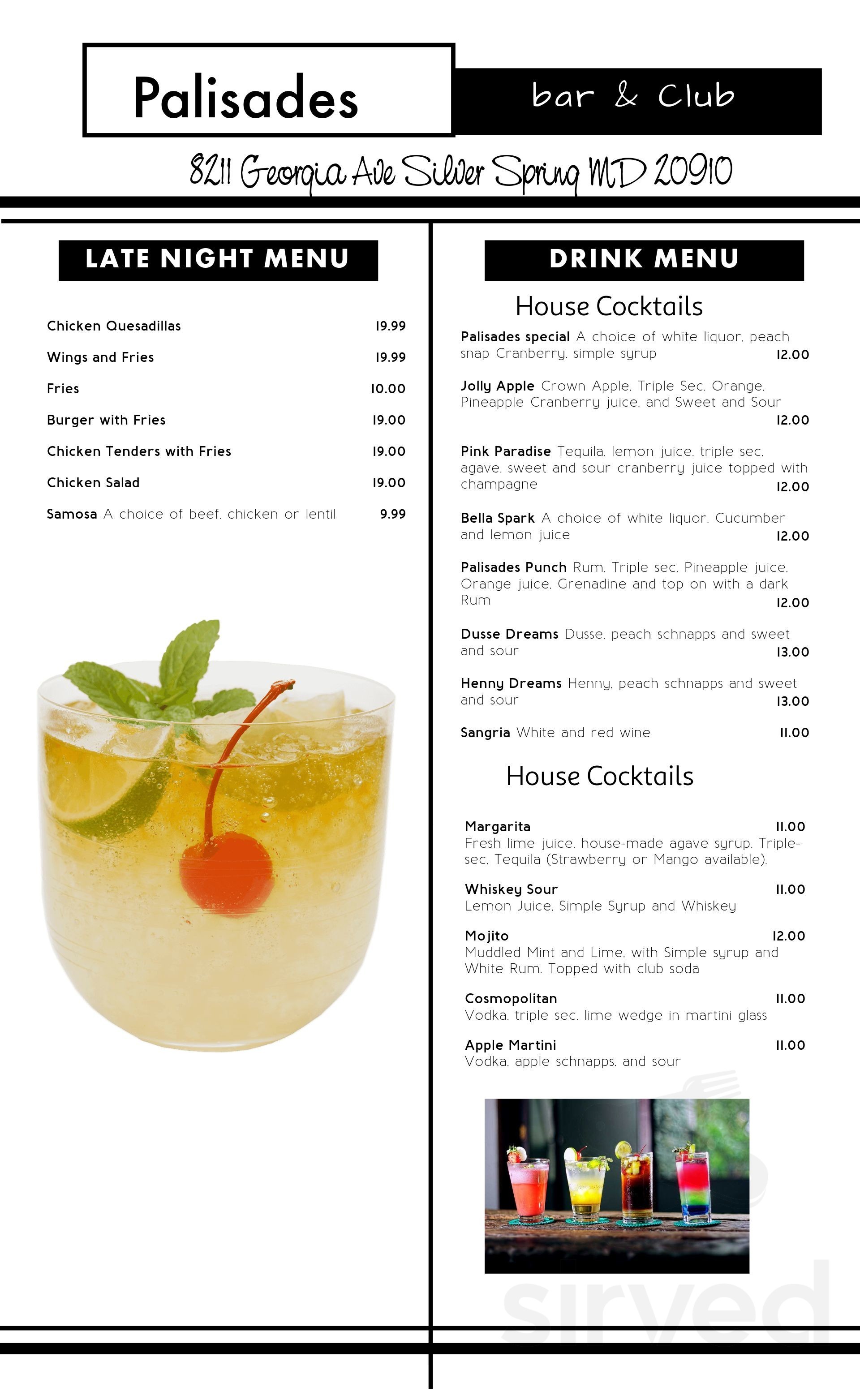 Palisades Lounge menu in Silver Spring, Maryland, USA