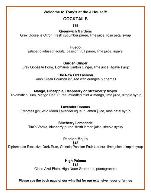 Tony's at the J House menu in Greenwich, Connecticut, USA