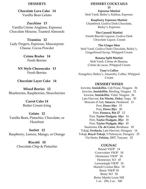 Tony's at the J House menu in Greenwich, Connecticut, USA