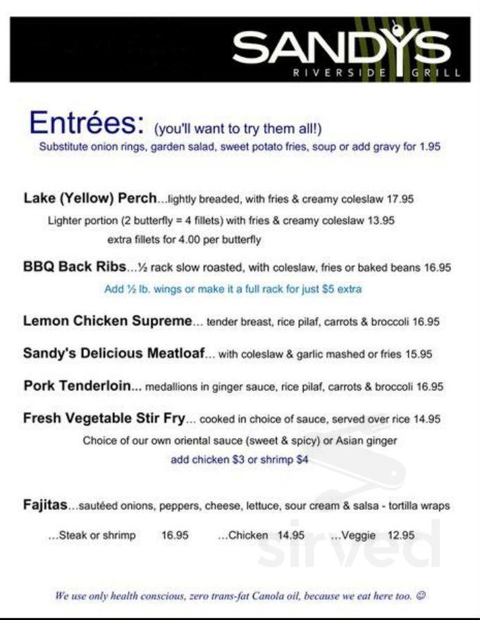 Sandy's Riverside Grill menu in Windsor, Ontario, Canada