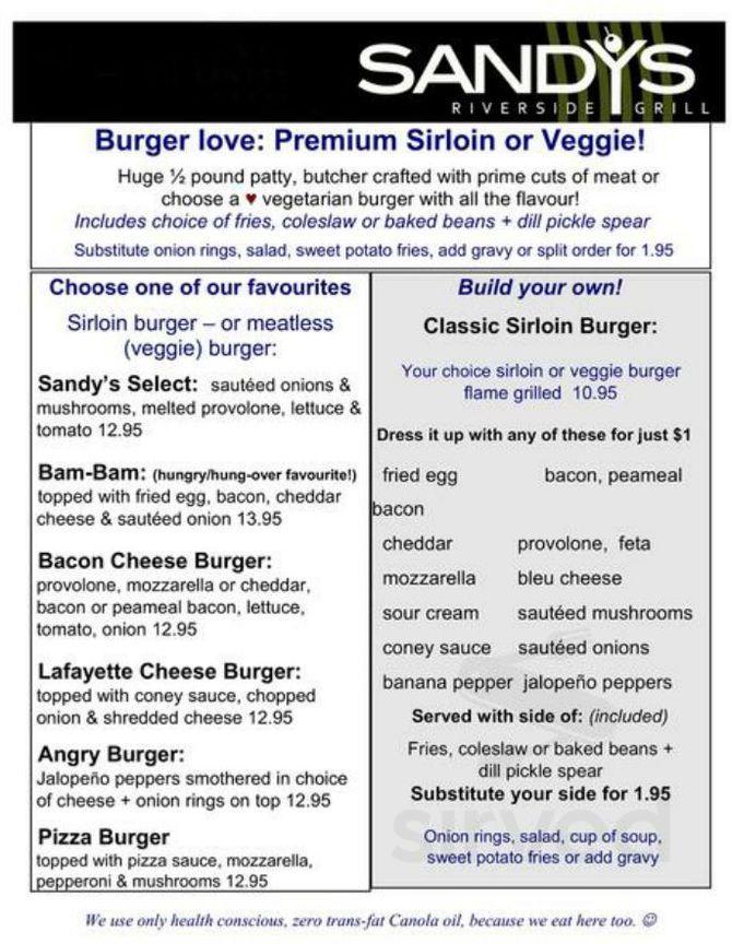 Sandy's Riverside Grill menu in Windsor, Ontario, Canada