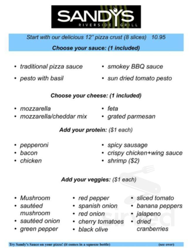 Sandy's Riverside Grill menu in Windsor, Ontario, Canada