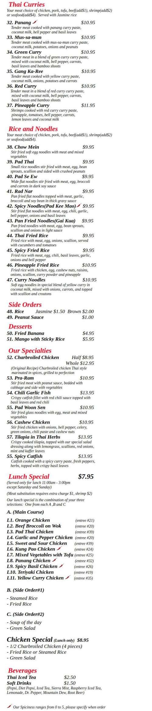 Thai House menu in Scottsdale, Arizona, USA