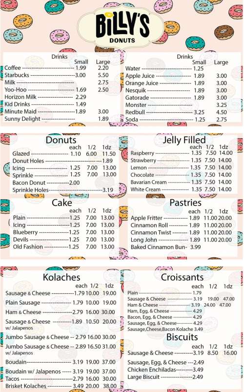 Billy's Donuts menu in Sugar Land, Texas, USA