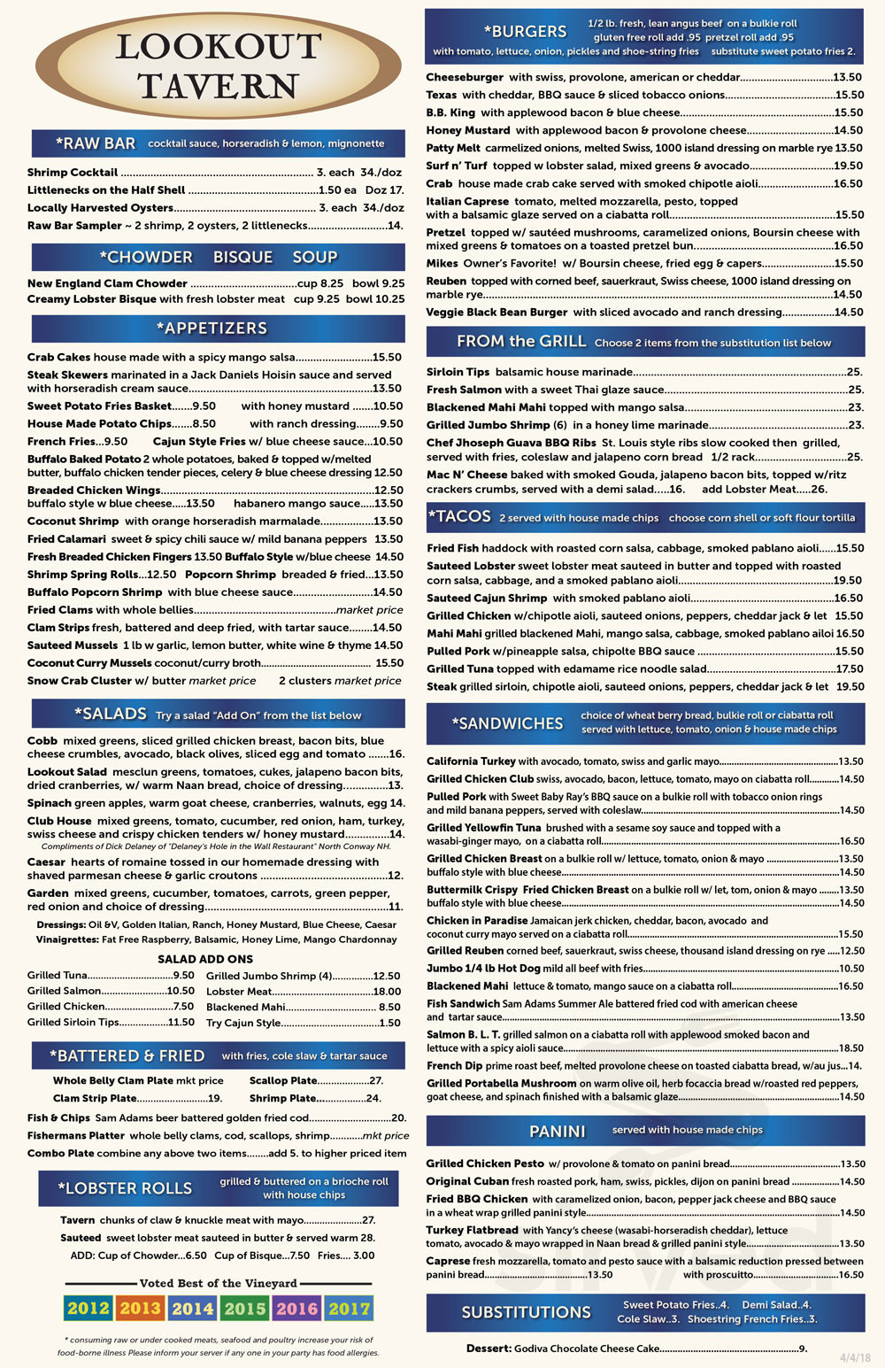 Lookout Tavern menu in Oak Bluffs, Massachusetts, USA