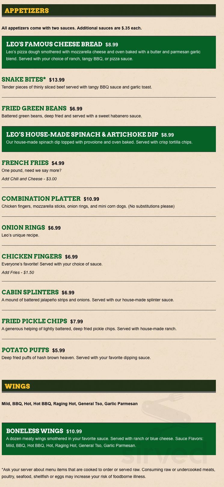 Leo's Lodge menu in Lansing, Michigan, USA