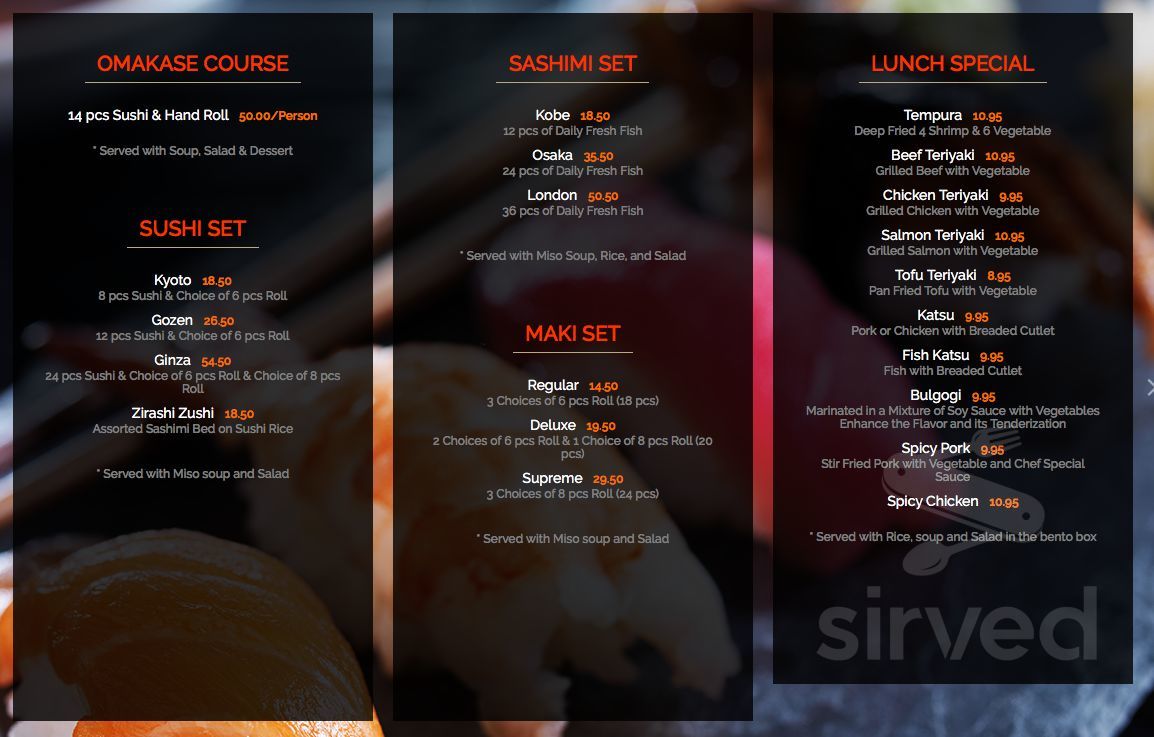 Gozen Sushi menu in London, Ontario, Canada