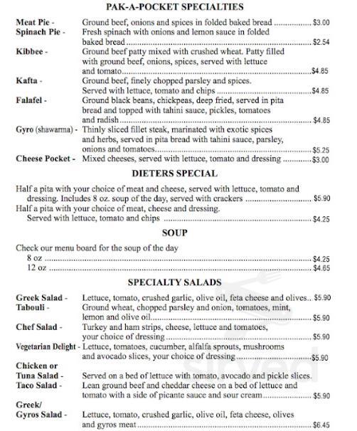 Pak-A-Pocket menu in Fort Worth, Texas, USA