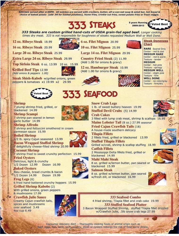 Menu - Grenada MS's 333 Restaurant | Sirved