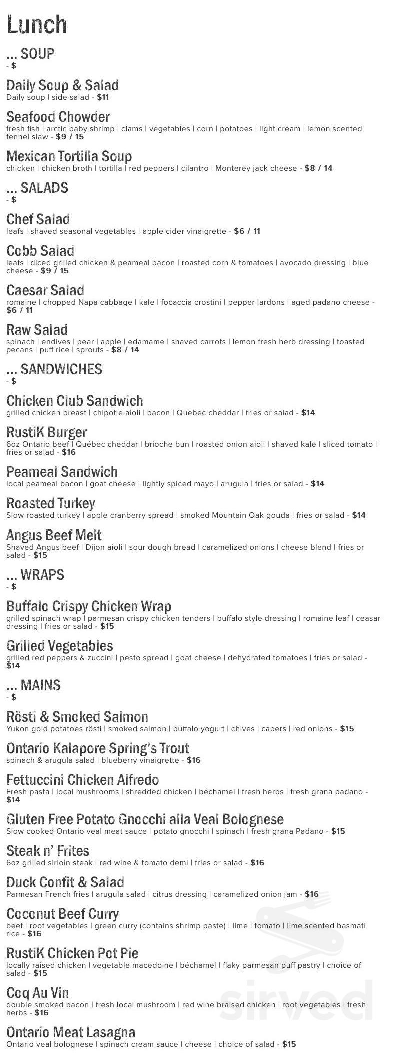 Rustik Local Bistro menu in Orangeville, Ontario, Canada