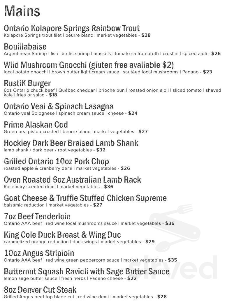 Rustik Local Bistro menu in Orangeville, Ontario, Canada
