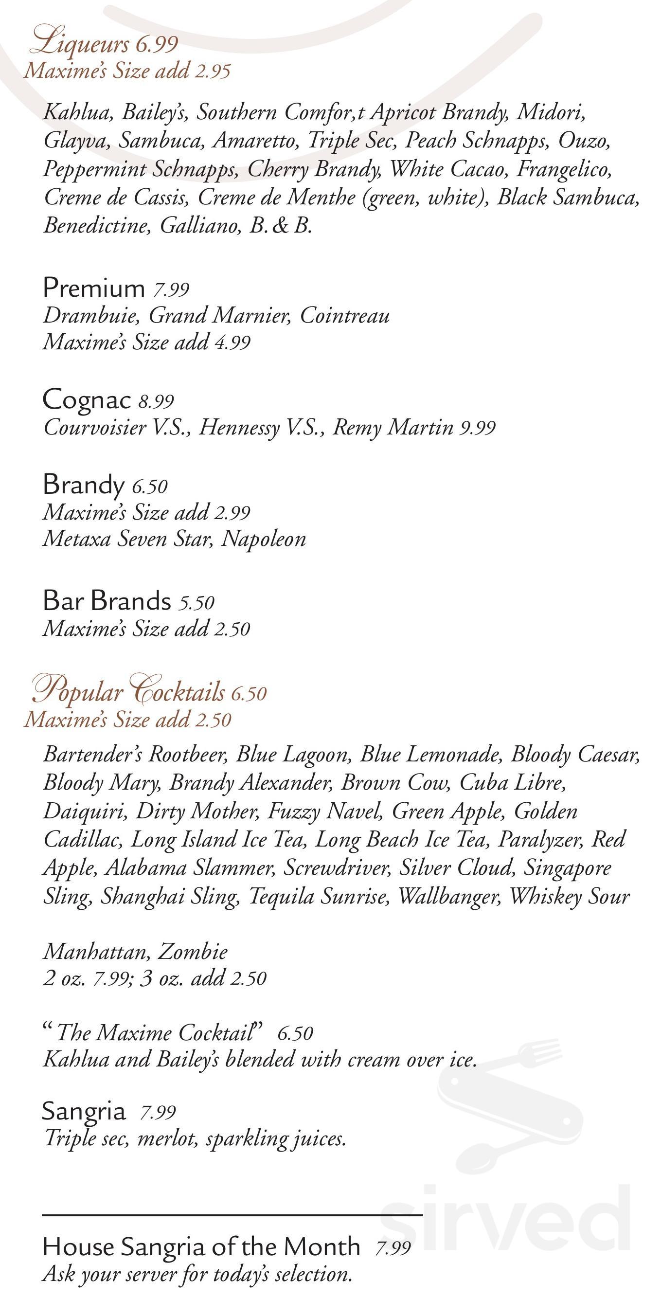 Maxime's Restaurant and Lounge menu in Winnipeg, Manitoba, Canada