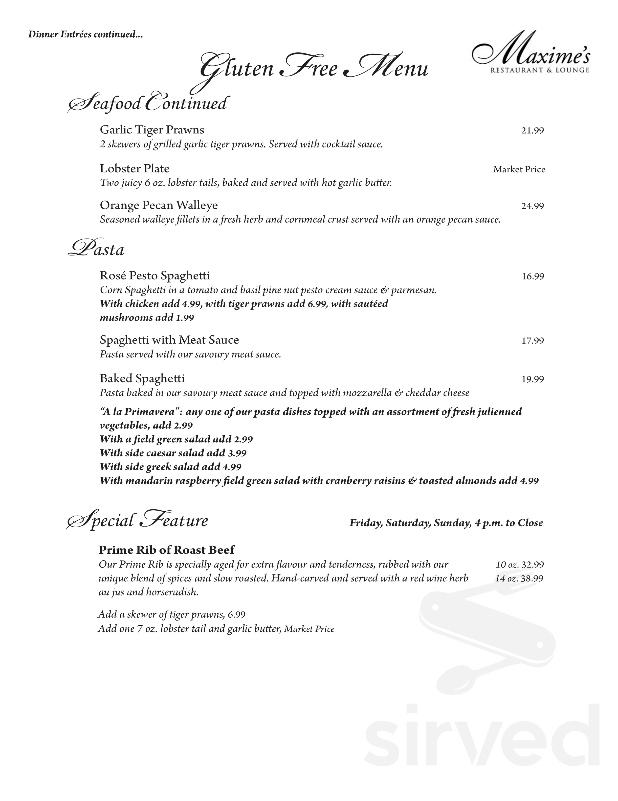 Maxime's Restaurant and Lounge menu in Winnipeg, Manitoba, Canada