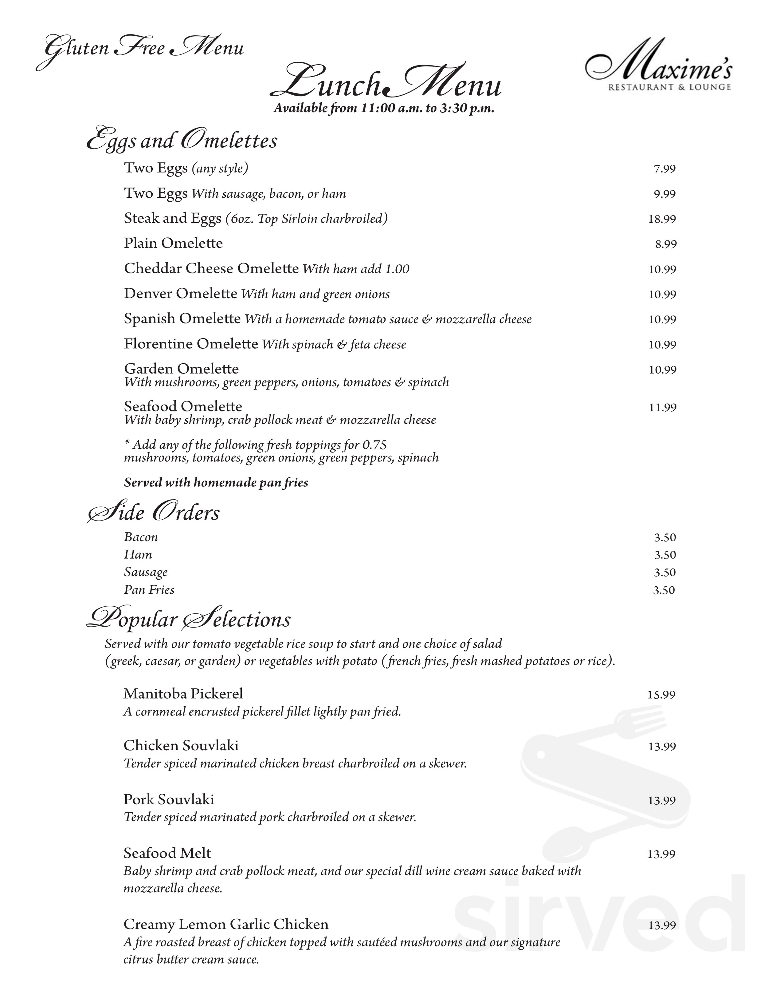 Menu for Maxime's Restaurant and Lounge in Winnipeg, MB | Sirved