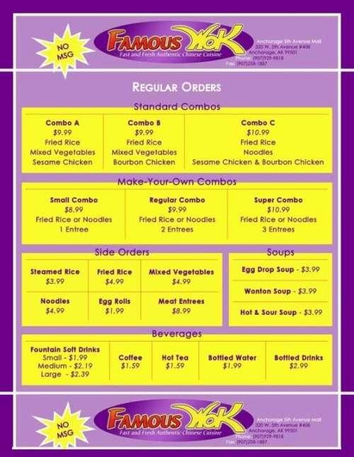 Famous Wok menu in Prince George, British Columbia, Canada