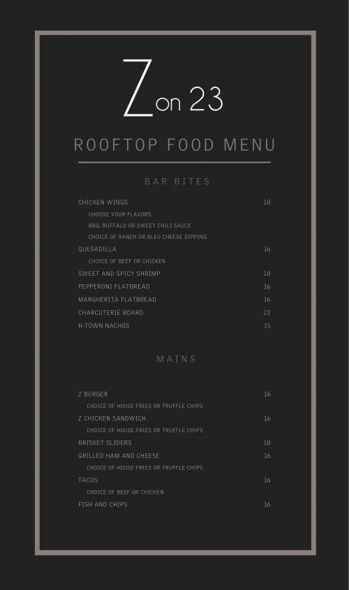 Zutro menu in Houston, Texas, USA