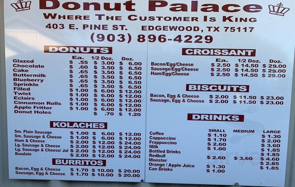 Donut Palace menu in Edgewood, Texas, USA