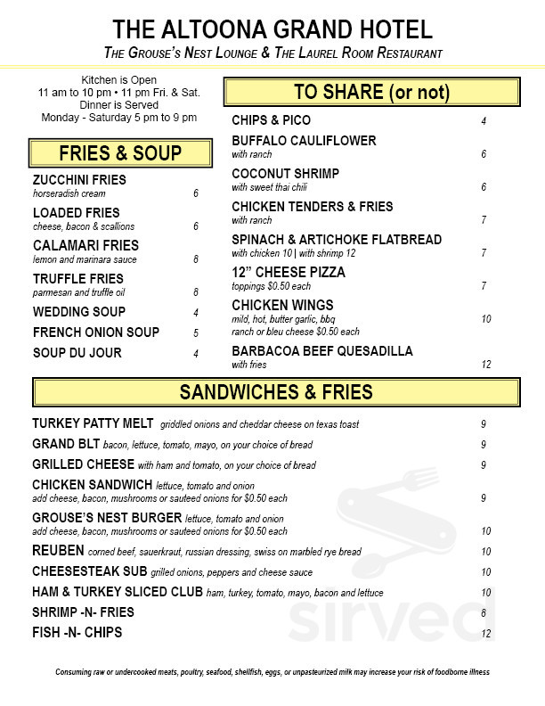 Menu - Altoona PA's The Grouse's Nest | Sirved