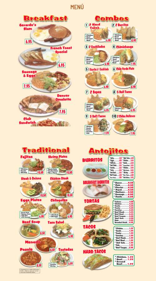 Gerardo's Tacos menu in Las Vegas, Nevada, USA