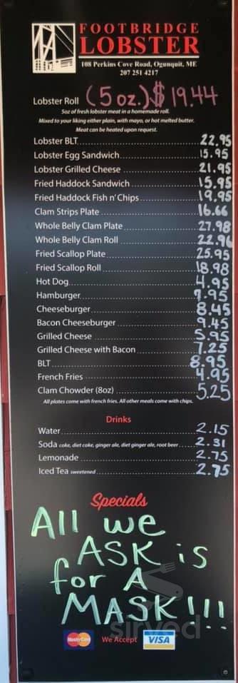 Menu for Footbridge Lobster in Ogunquit, ME | Sirved