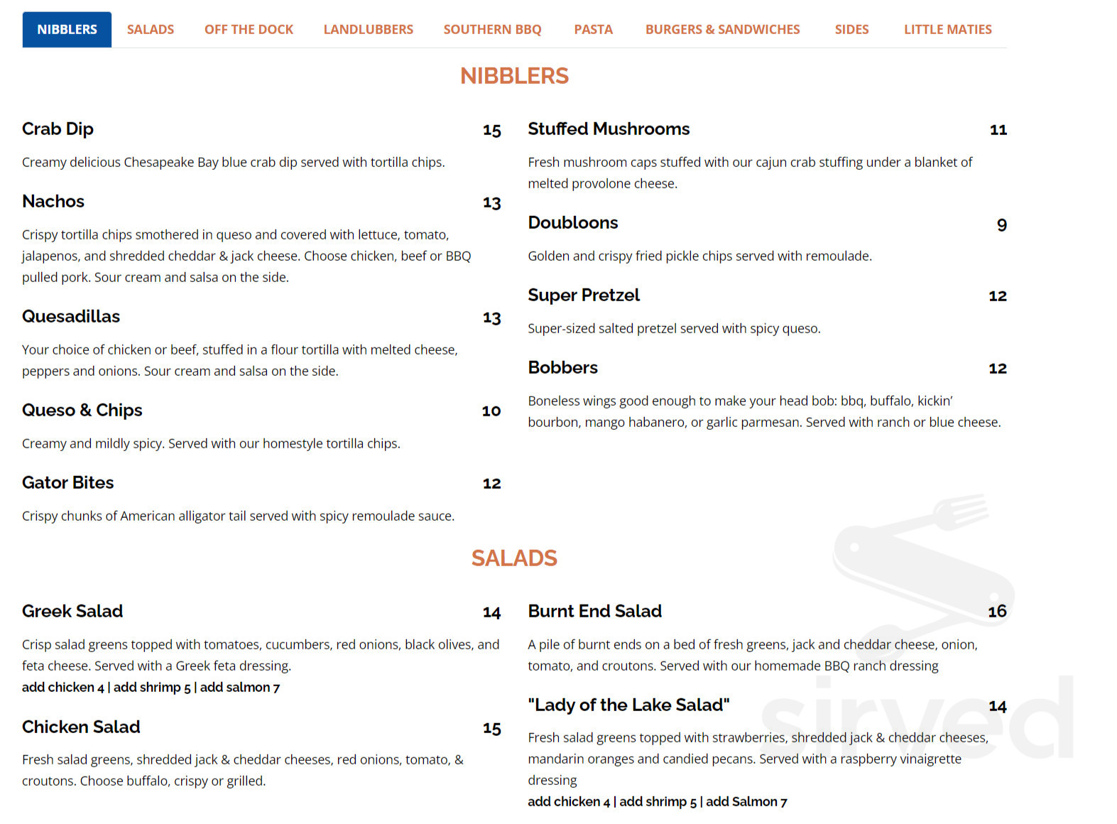 SS Dockside menu in Branson, Missouri, USA