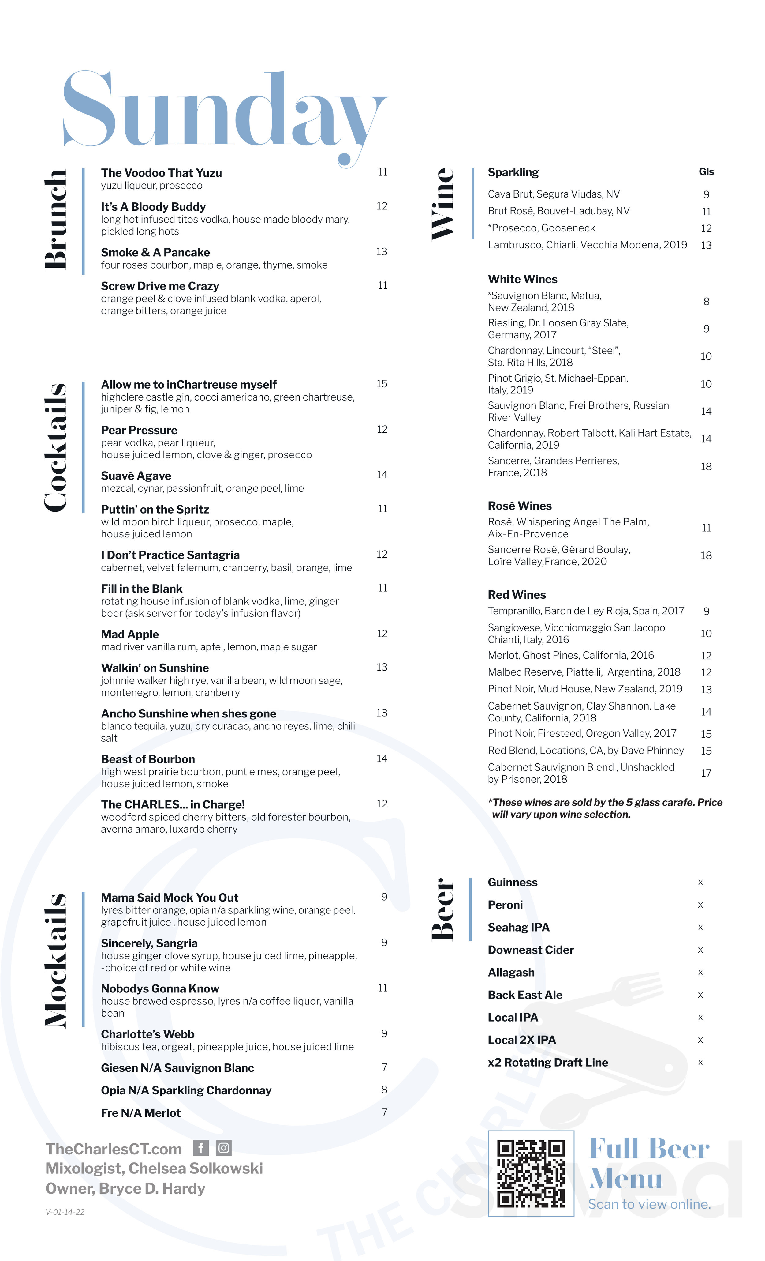 The Charles menu in Wethersfield, Connecticut, USA