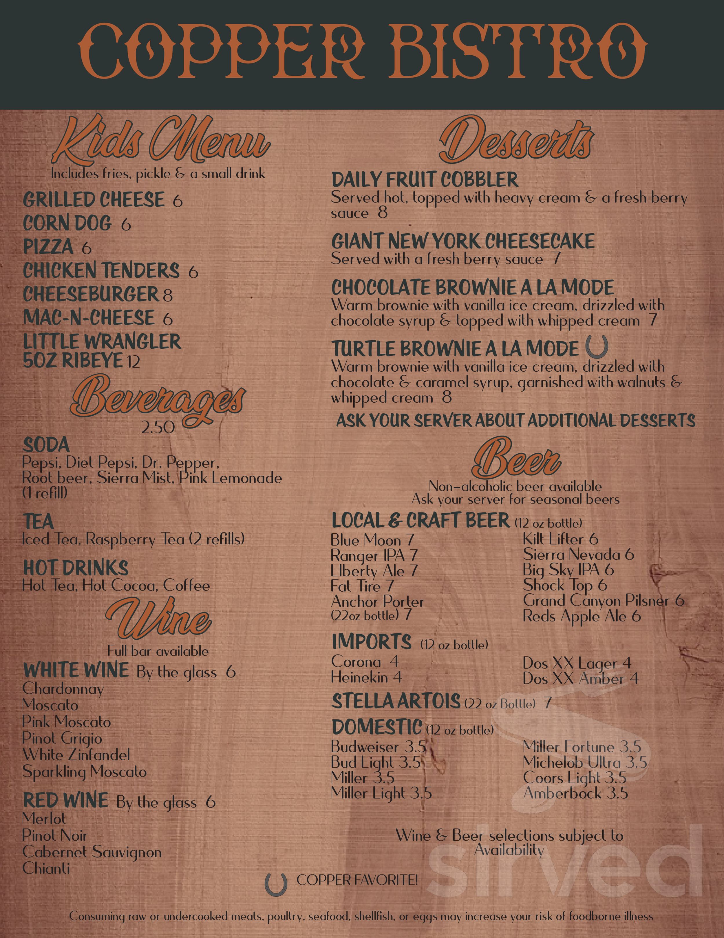Copper Bistro menu in Globe, Arizona, USA