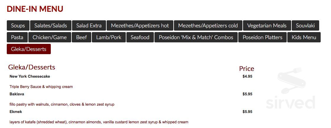 Poseidon Greek Restaurant menu in Langley, British Columbia, Canada