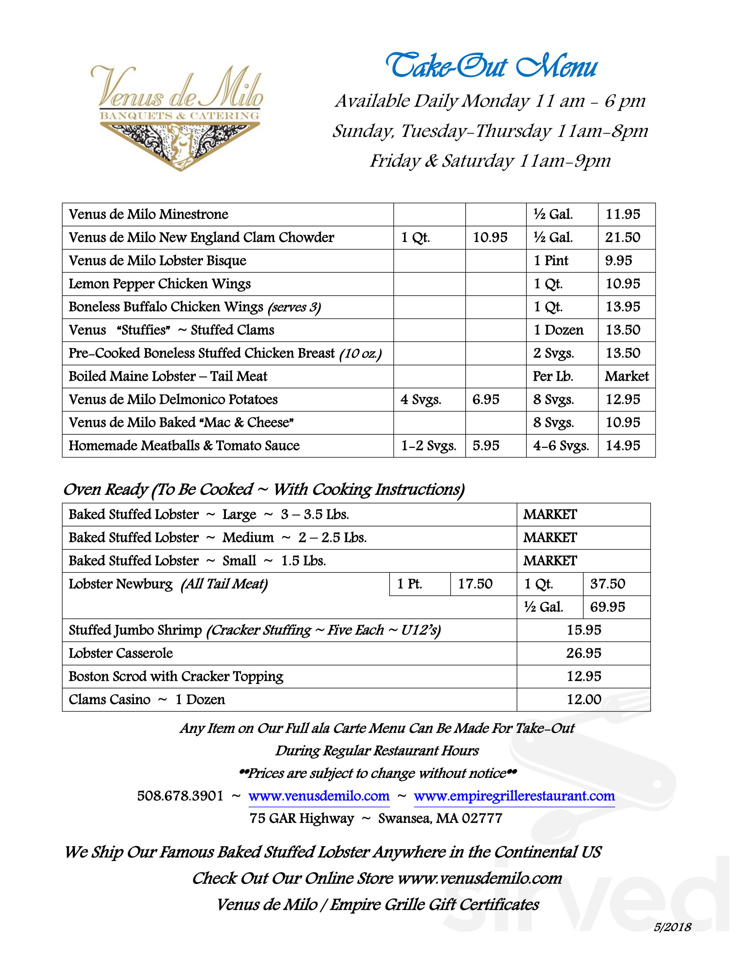 Venus de Milo menu in Swansea, Massachusetts, USA
