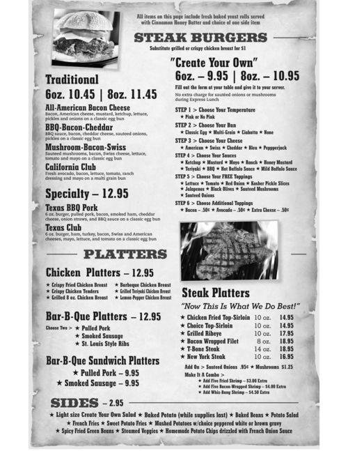 Texas T-bone Steakhouse menu in Hutchinson, Kansas, USA