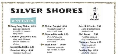 Menu for Silver Shores Restaurant in Conneaut Lake, PA | Sirved