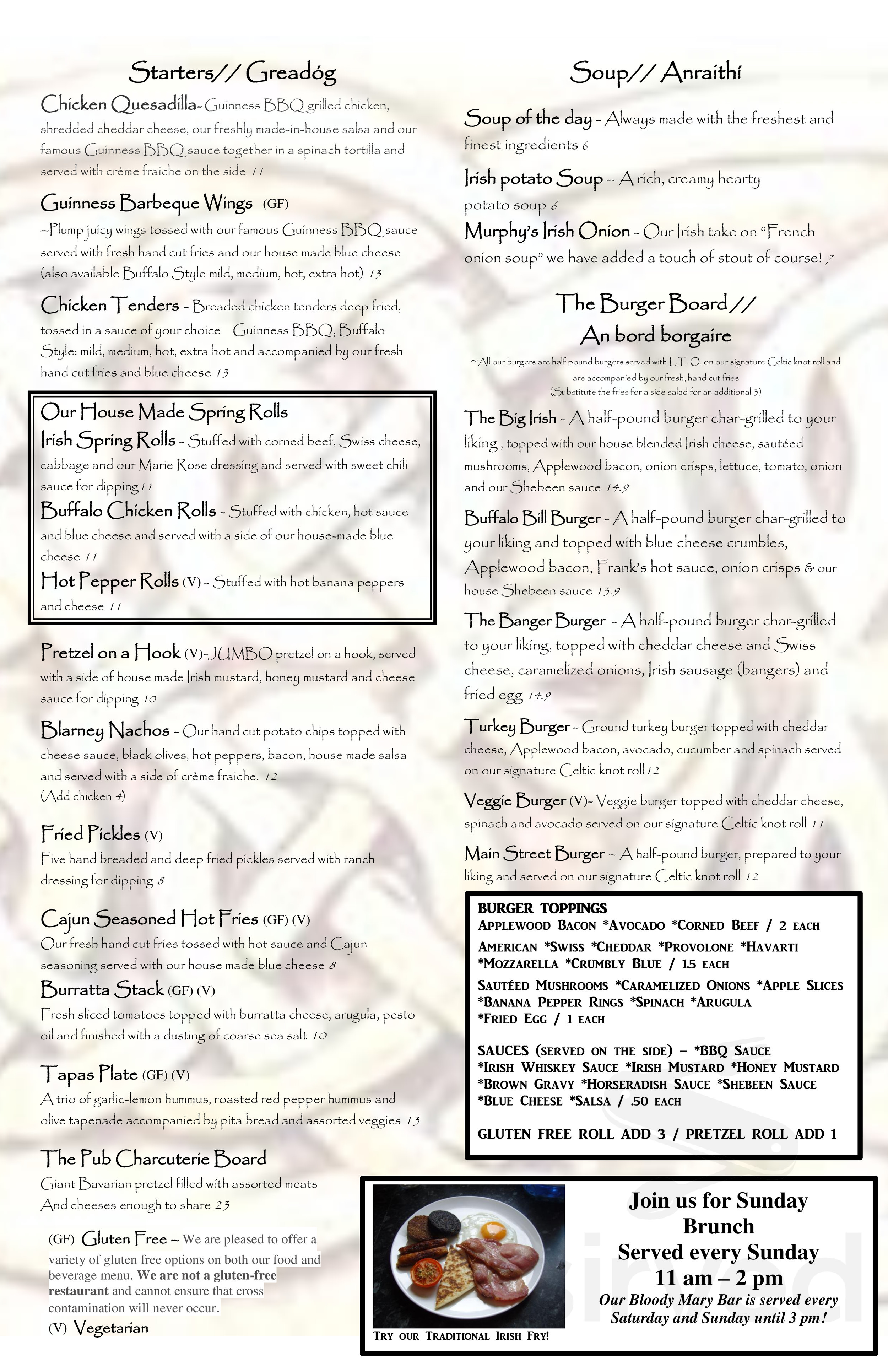The Irishman Pub and Eatery menu in Williamsville, New York, USA