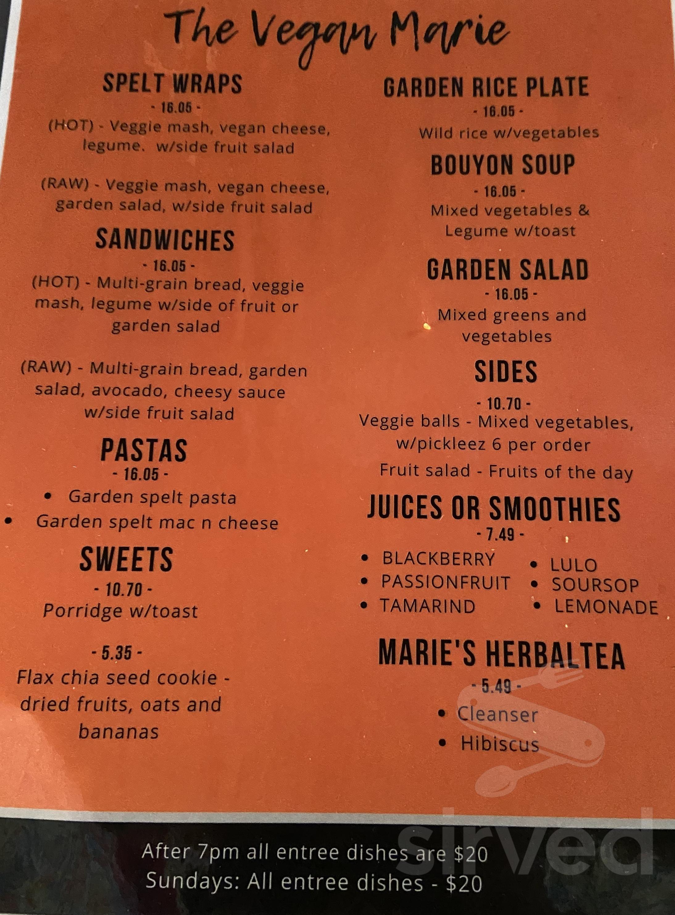 The Vegan Marie menu in Miami, Florida, USA