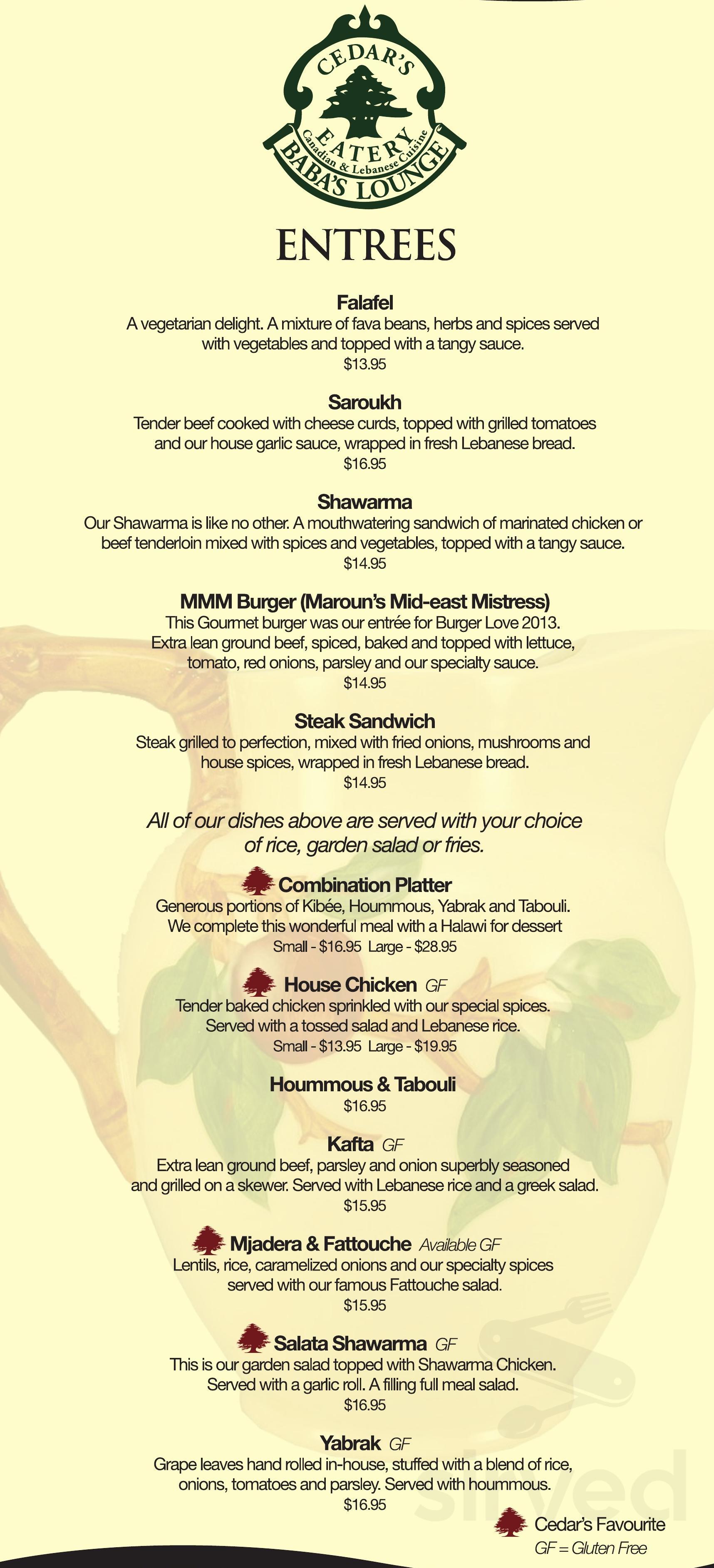 Cedar's Eatery menu in Charlottetown, Prince Edward Island, Canada