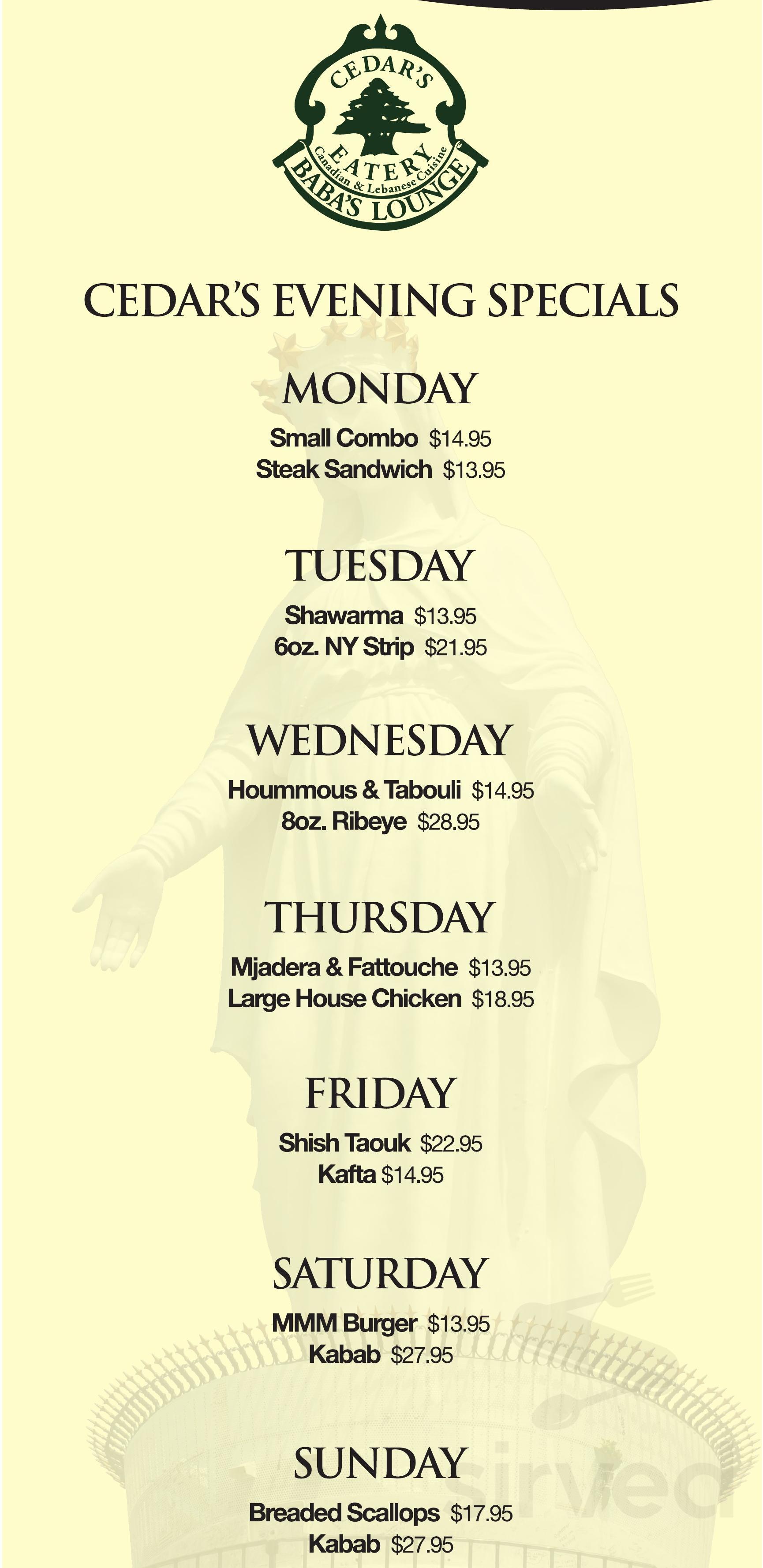 Cedar's Eatery menu in Charlottetown, Prince Edward Island, Canada