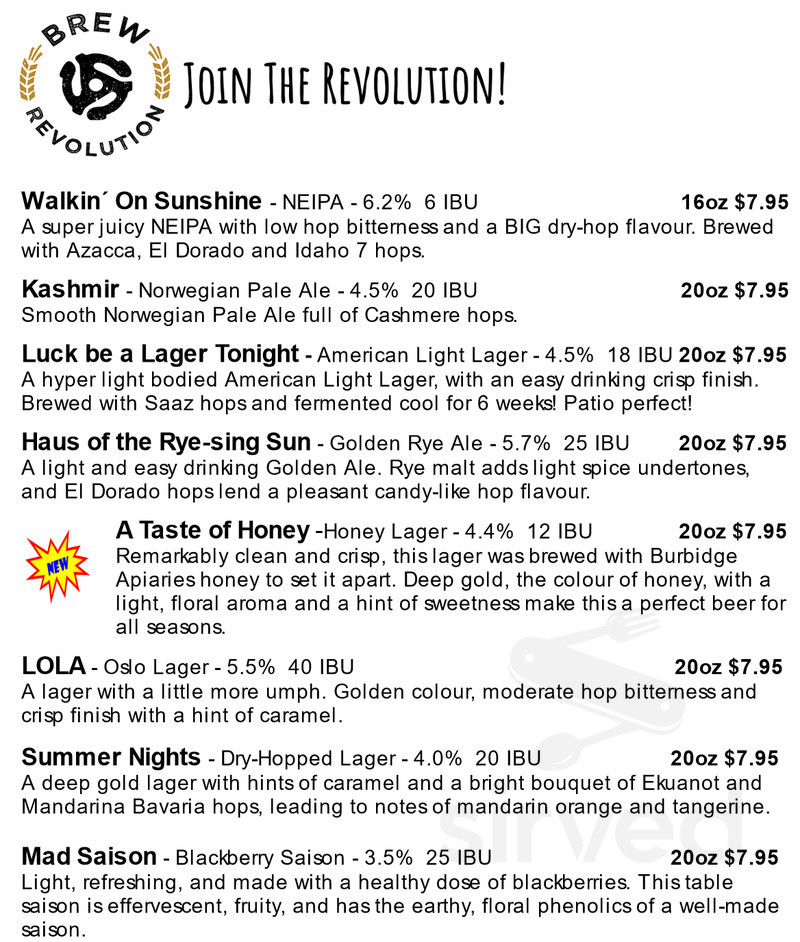 Brew Revolution menu in Stittsville, Ontario, Canada